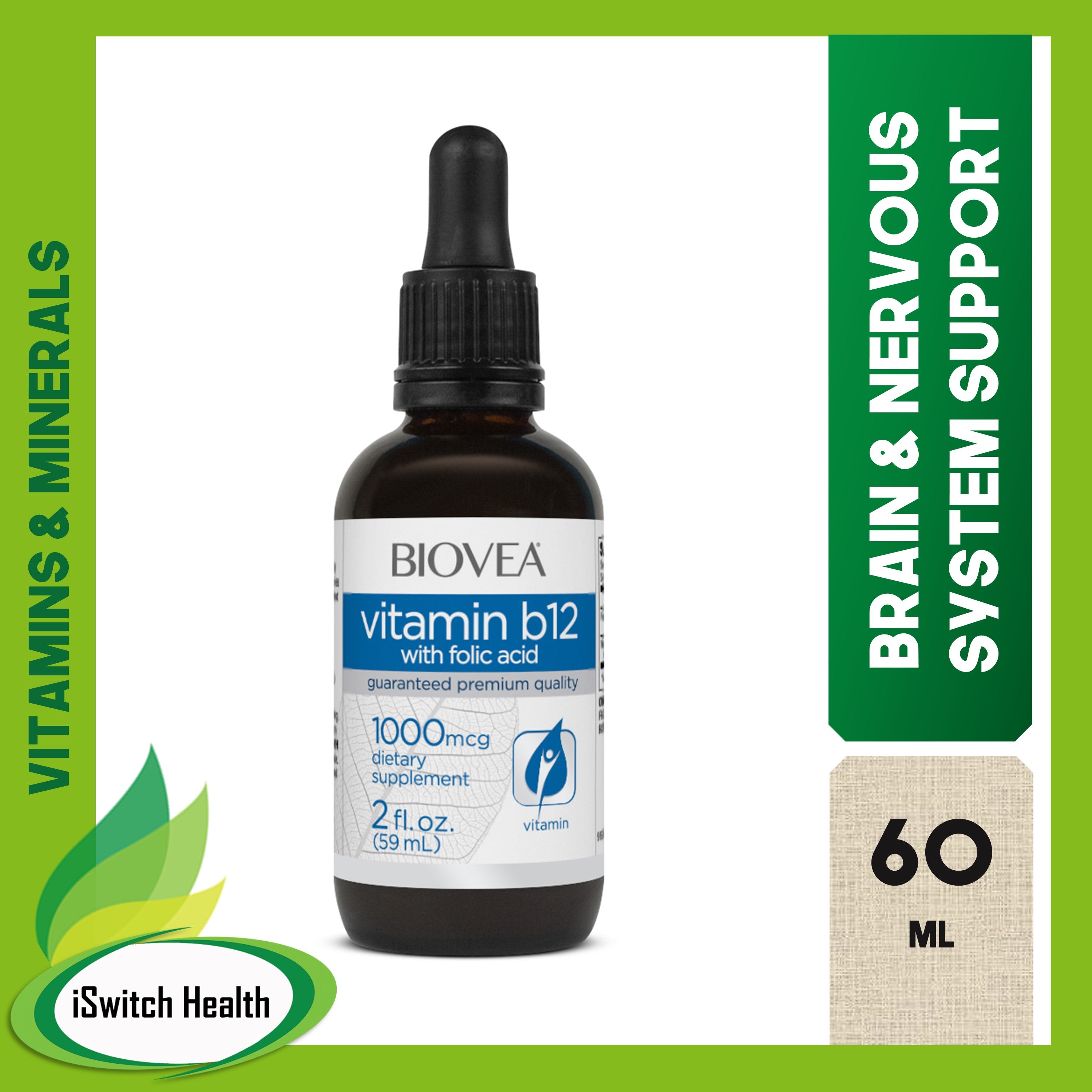 Biovea Vitamin B12 With Folic Acid Liquid Drops (1000mcg) - (2Oz) - 60